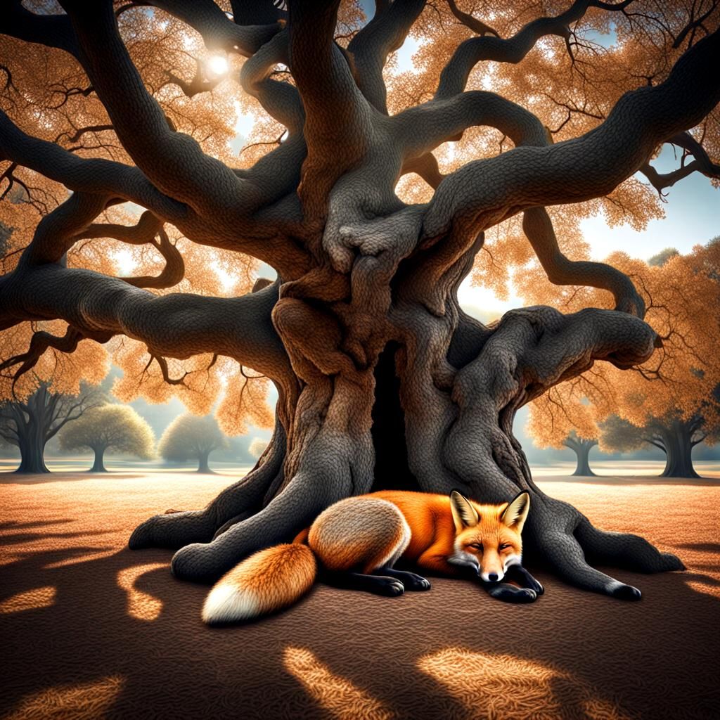 fox sleeping under a majestic oak tree - AI Generated Artwork ...