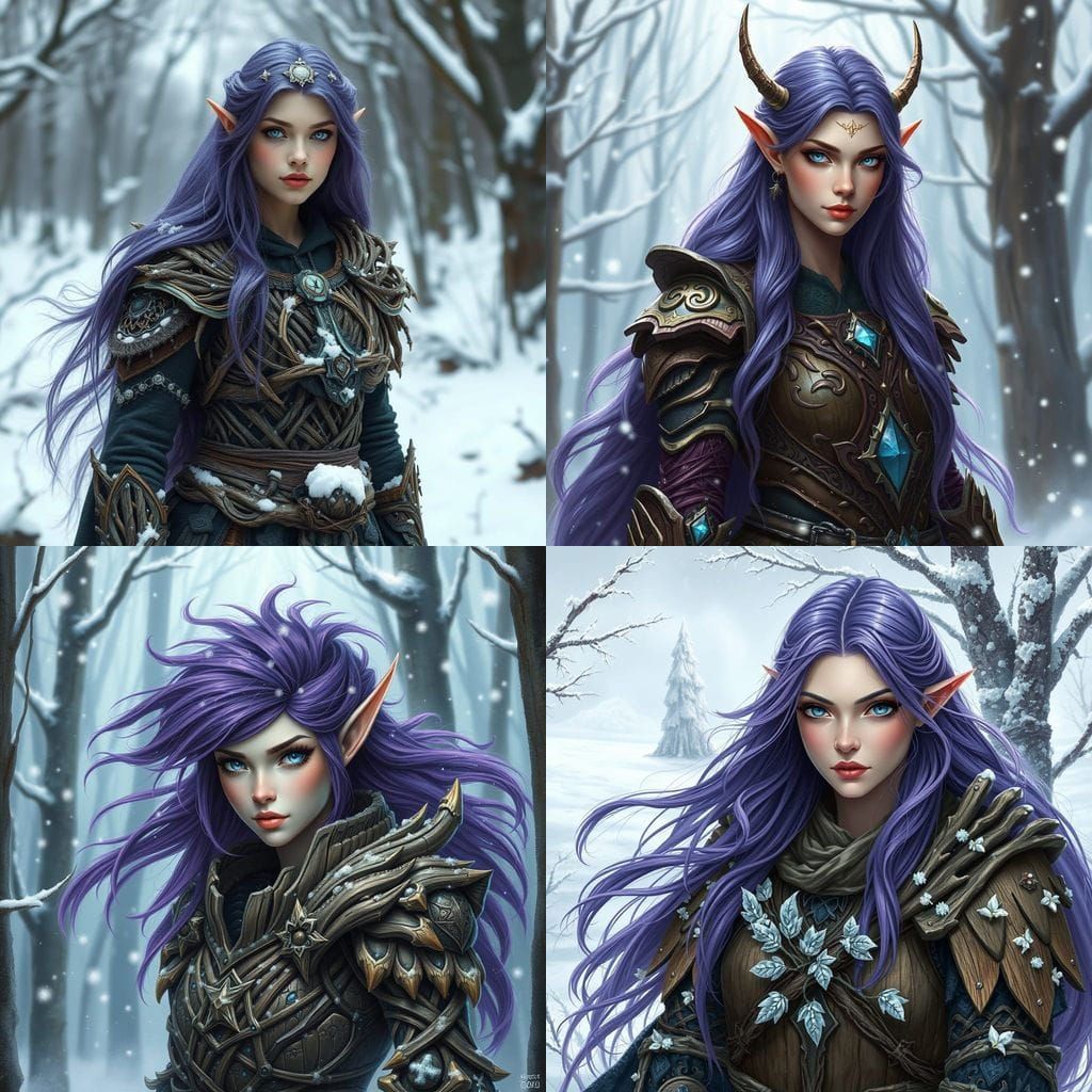 Winter Elven Druidess in Wooden Armor - AI Art