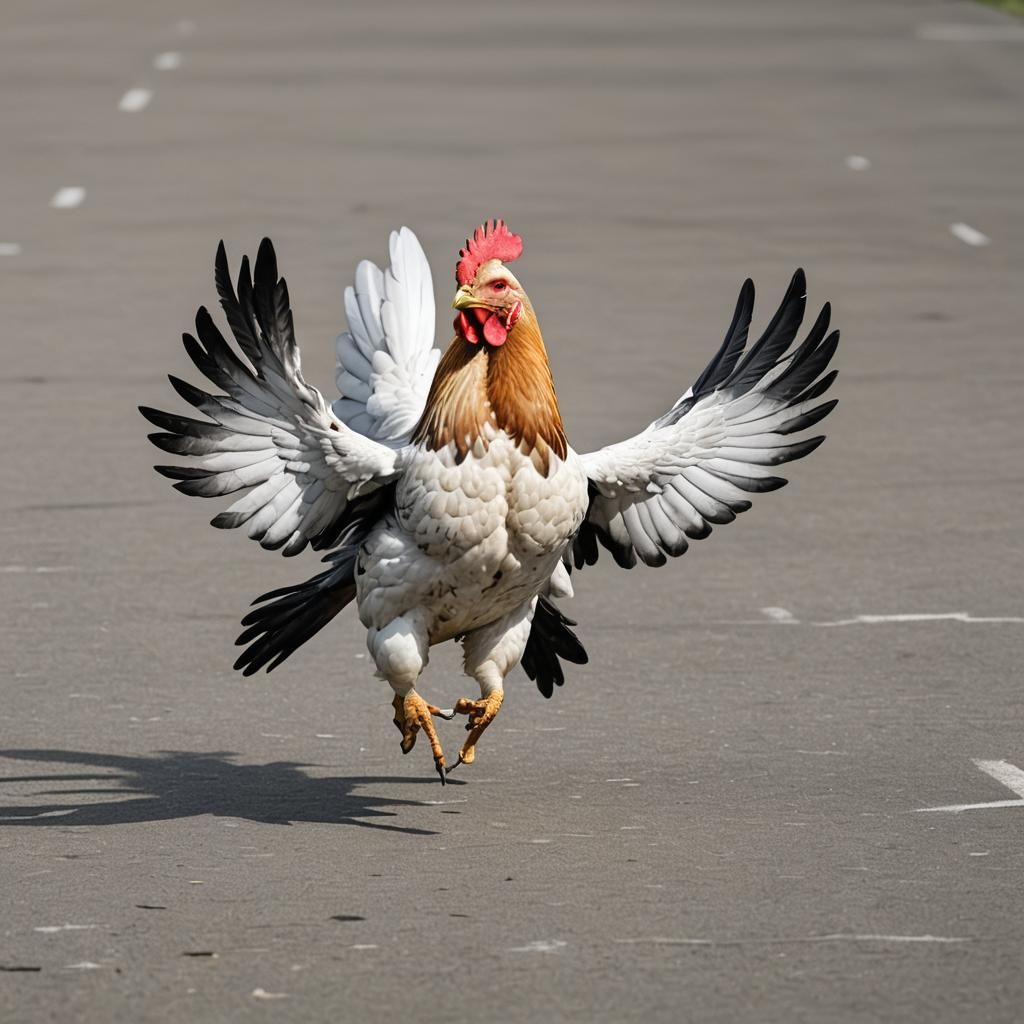 A super chicken with four legs and six wings that is running and taking ...
