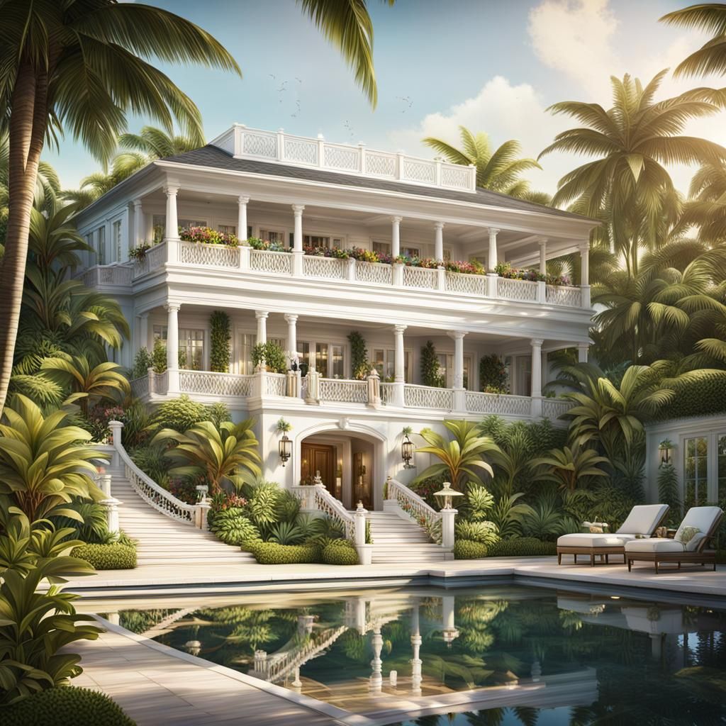 White British colonial waterfront home with a pool and a yacht. Lush ...