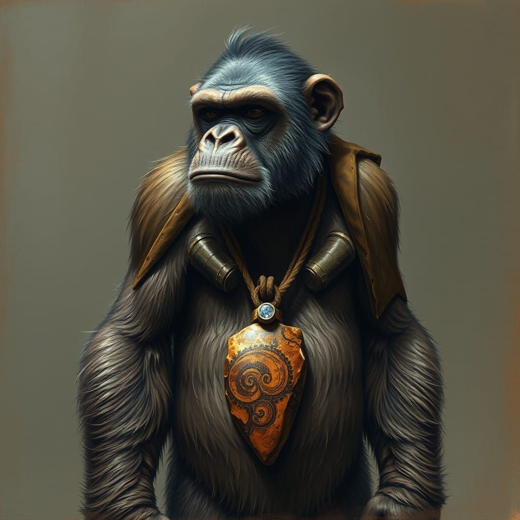 Ancient Ape Adorned with Primitive Earth-Toned Jew... - AI Art