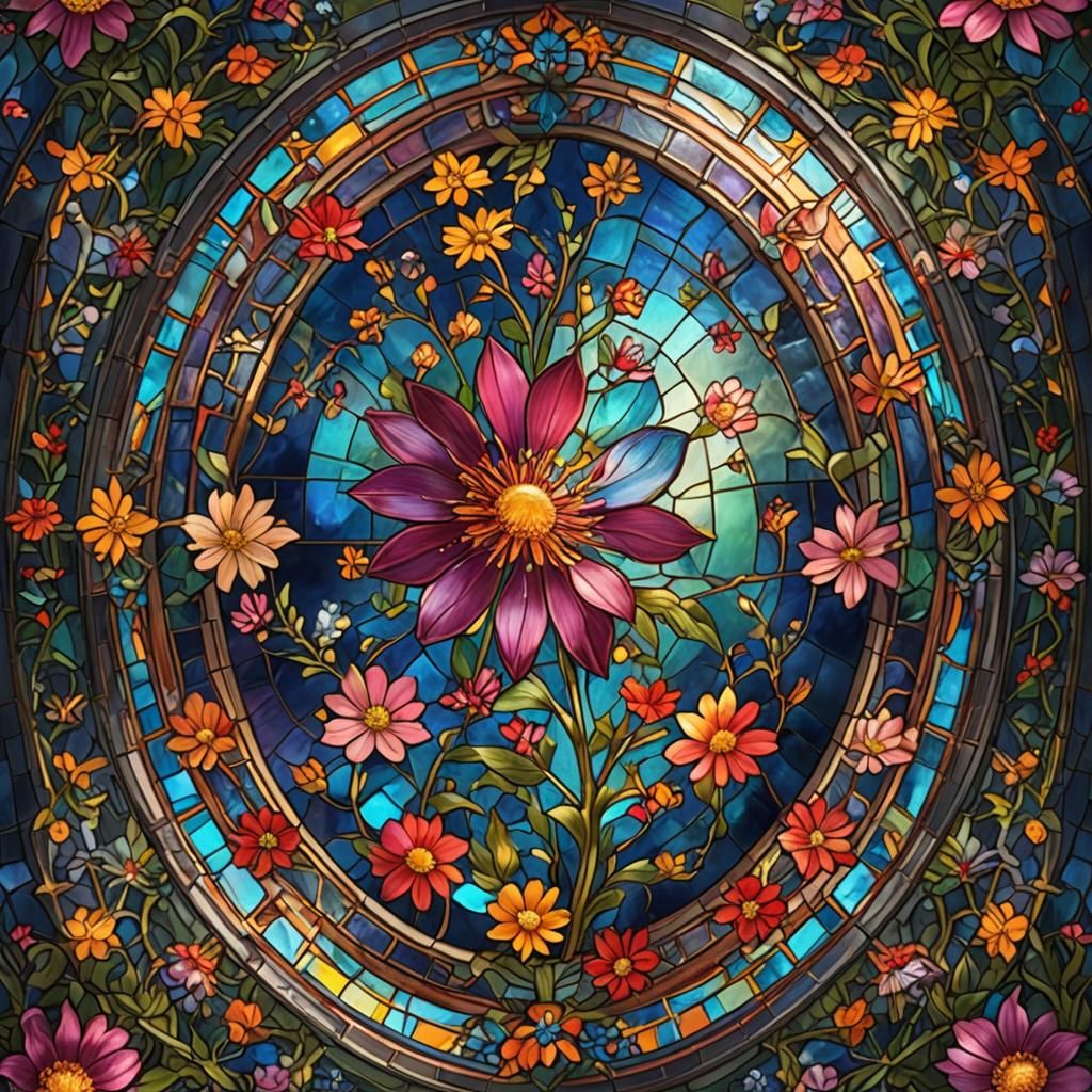 traditional stain glass oval, vibrant cosmos flower in center detailed ...