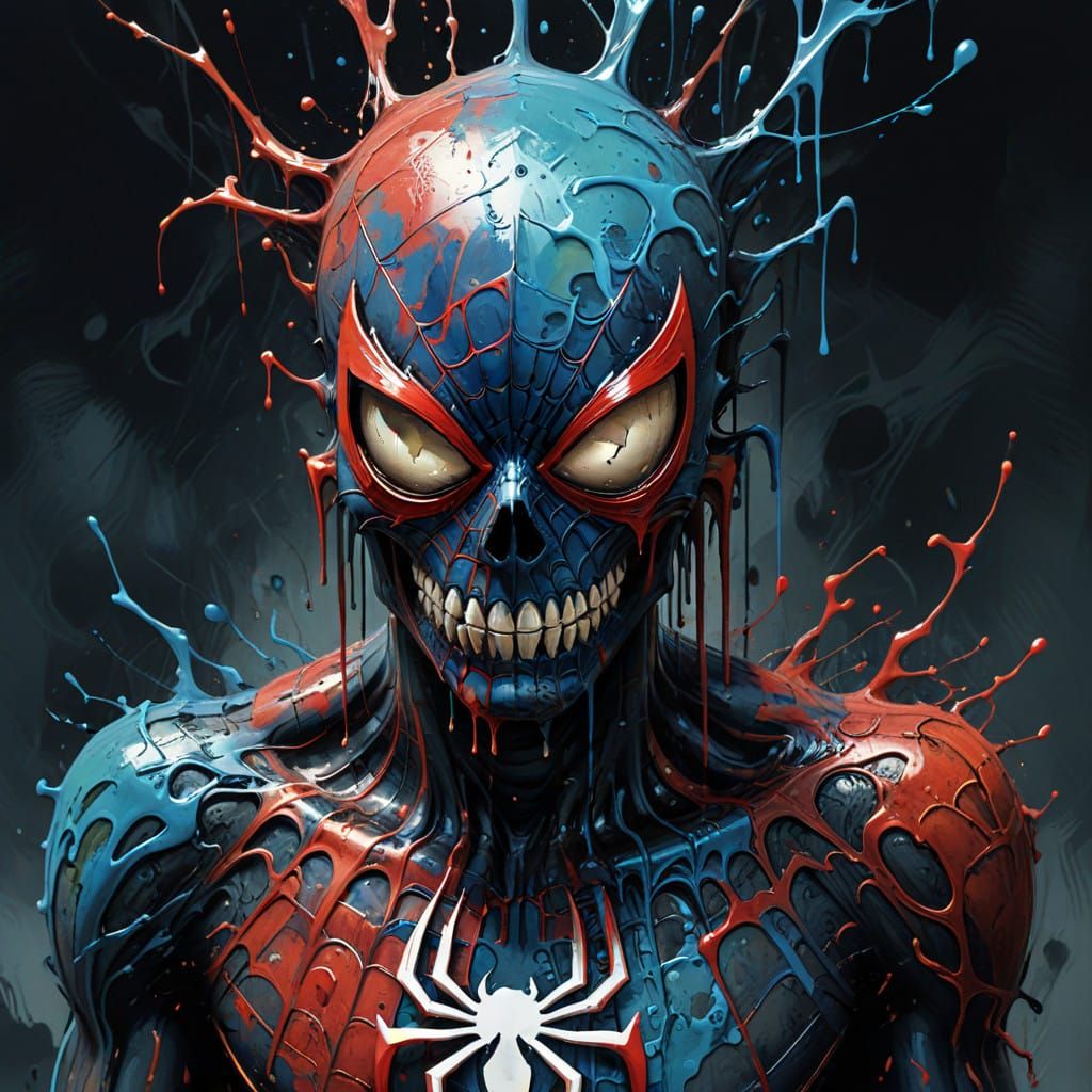 Spider man, Skull face Fluid ink illustration,