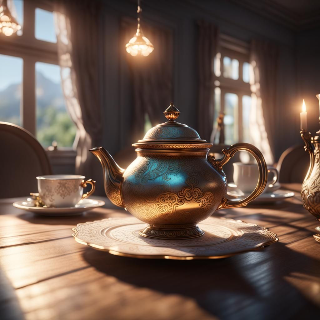 A magical glowing teapot hovering in the air over a dining room table ...