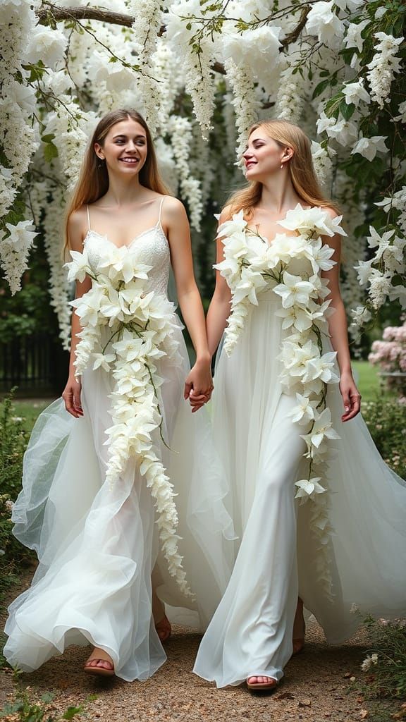 full body shot of 2 elegant delicate happy walking dreamy caucasian 30 ...