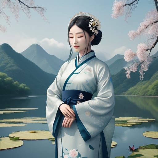 Chinese Actress in Hanfu with Vibrant Floral Crown... - AI Art