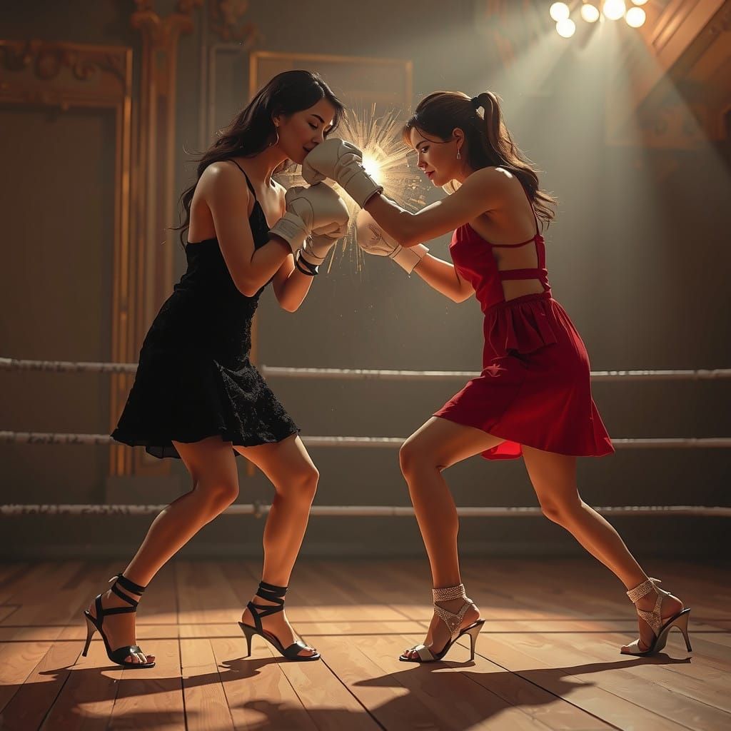 Women in fight - Elegant Female Boxers Clad in Evening Gowns...