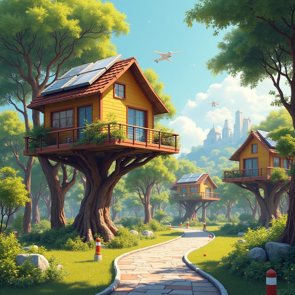 Futuristic Solarpunk Treehouse Suburb Blooms in Vi... - AI Art