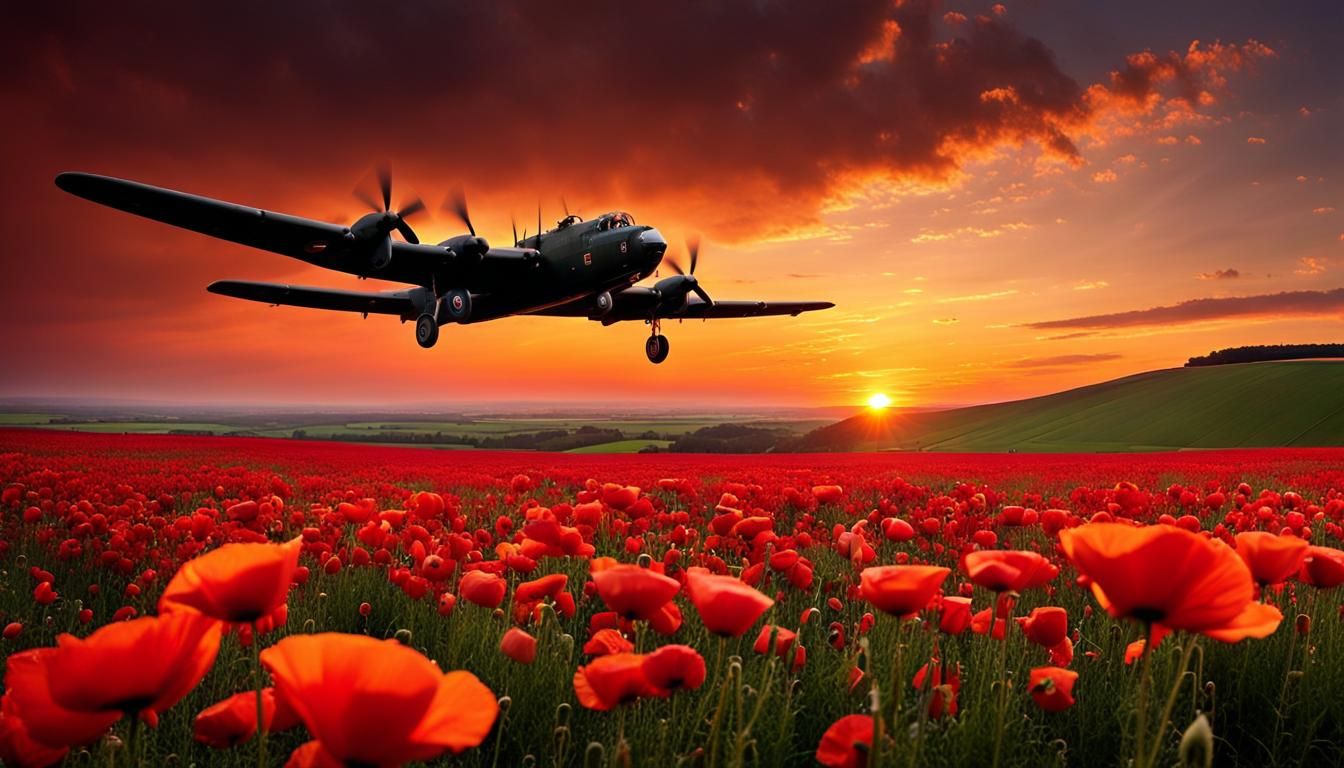 Avro Lancaster flying over poppy fields at sunset - AI Generated ...