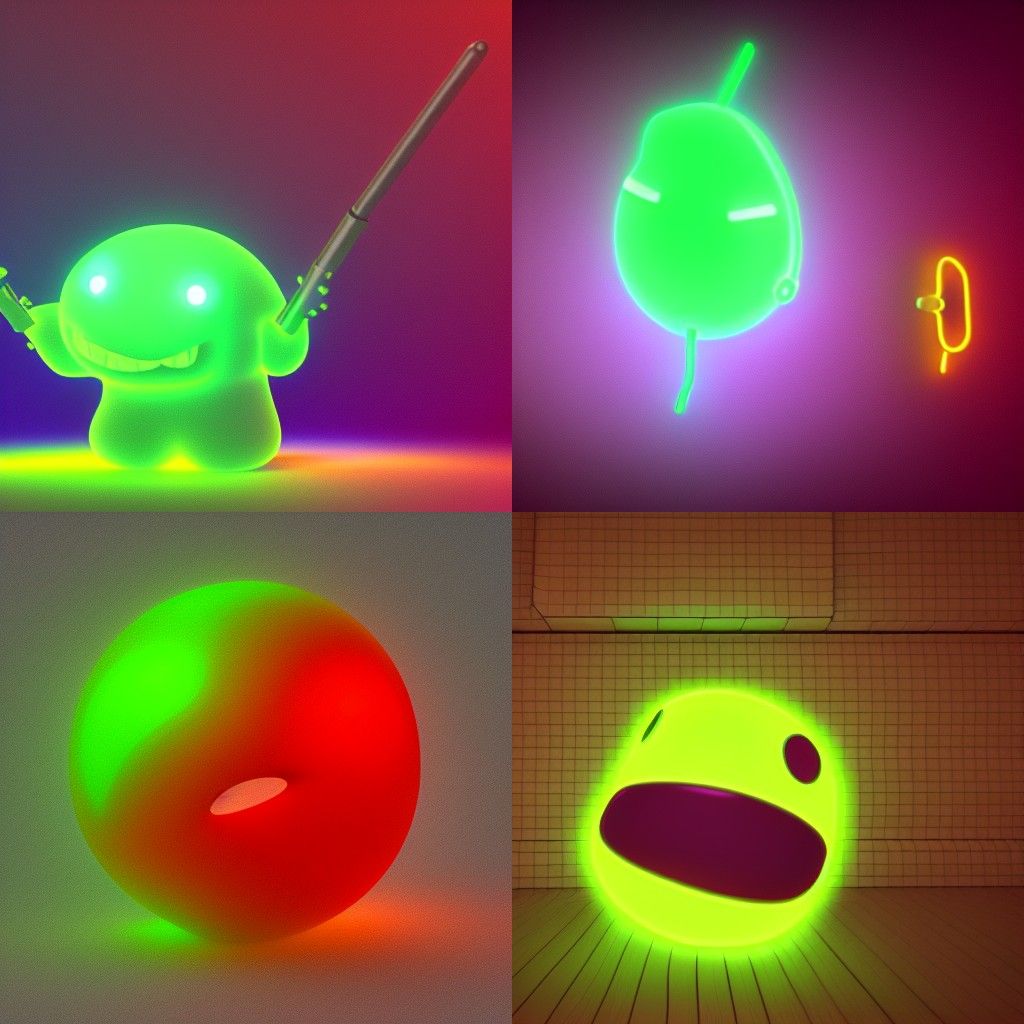 A happy glowing neon blob monster, with a shining glowing weapon, 3D ...
