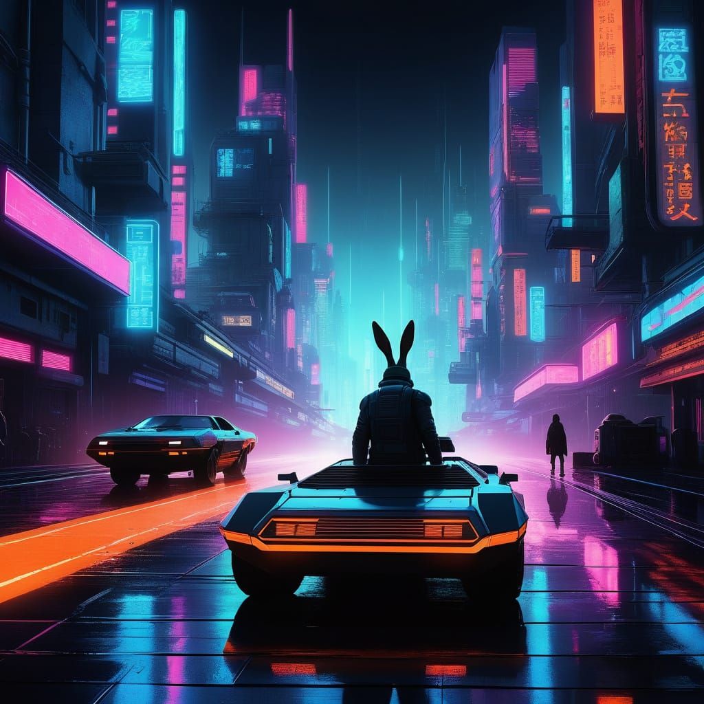 Cyberpunk Easter Bunny Delivers Glowing Eggs in Ne... - AI Art