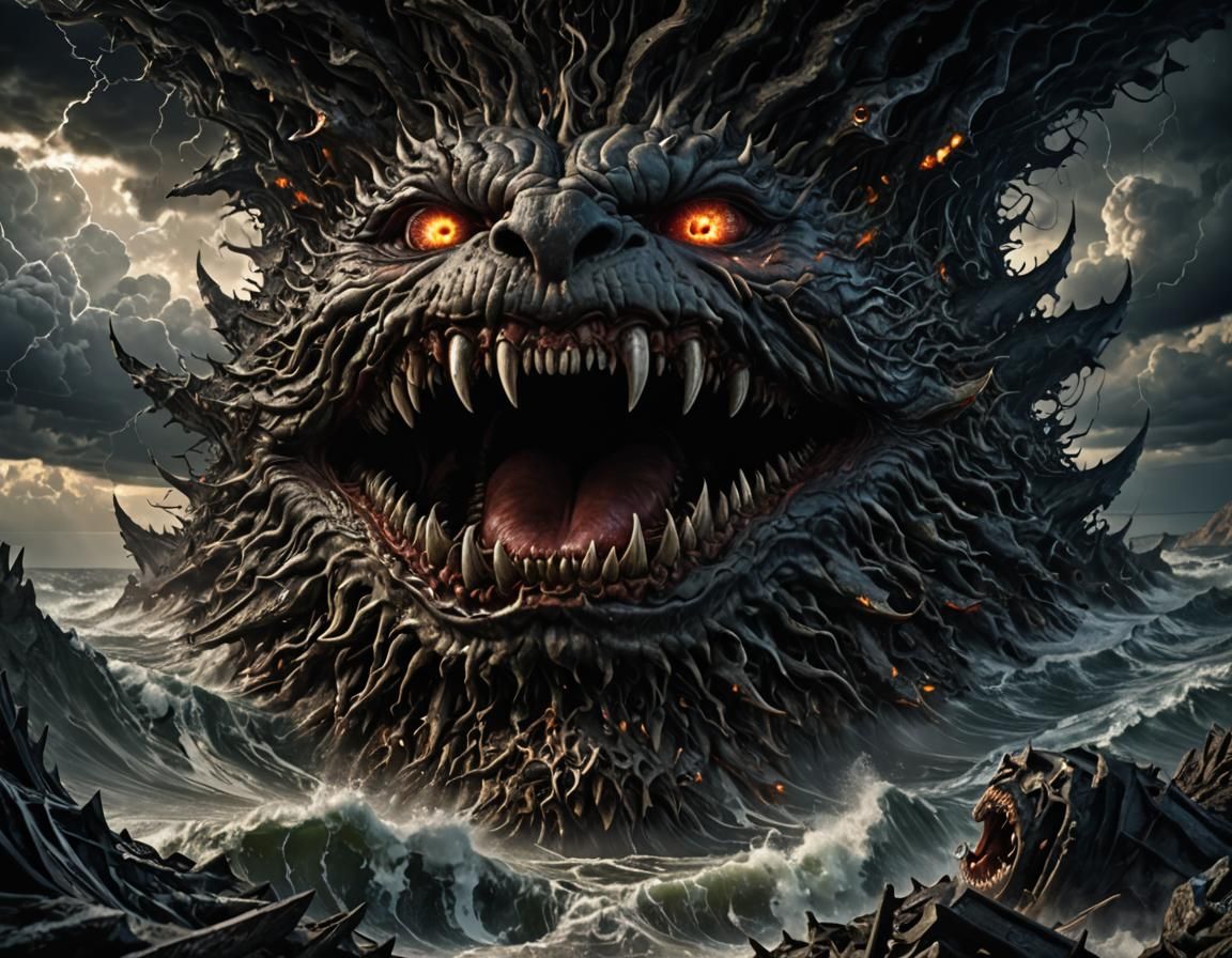 viscous disgusting terrifiying Sea monster with sharp teeth blackhole ...