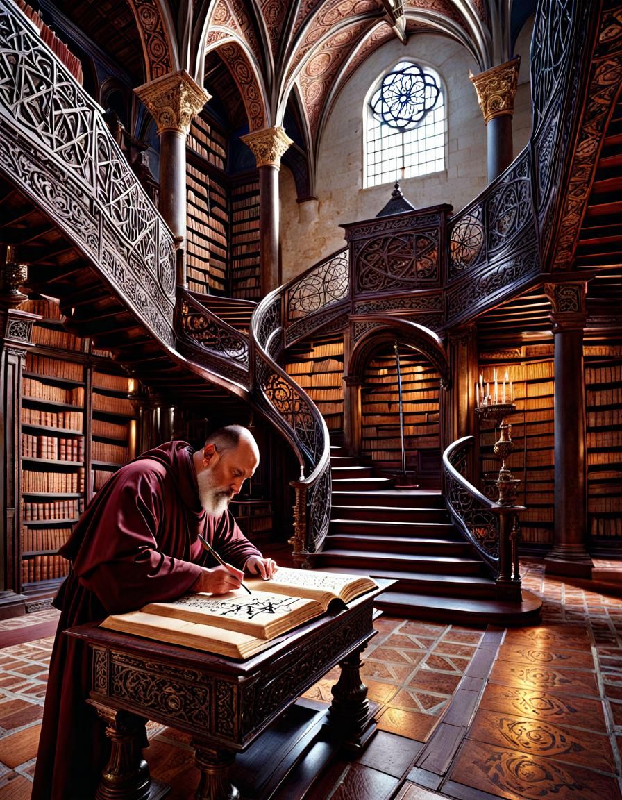 Monk decorating an ancient book with calligraphy - AI Generated Artwork ...