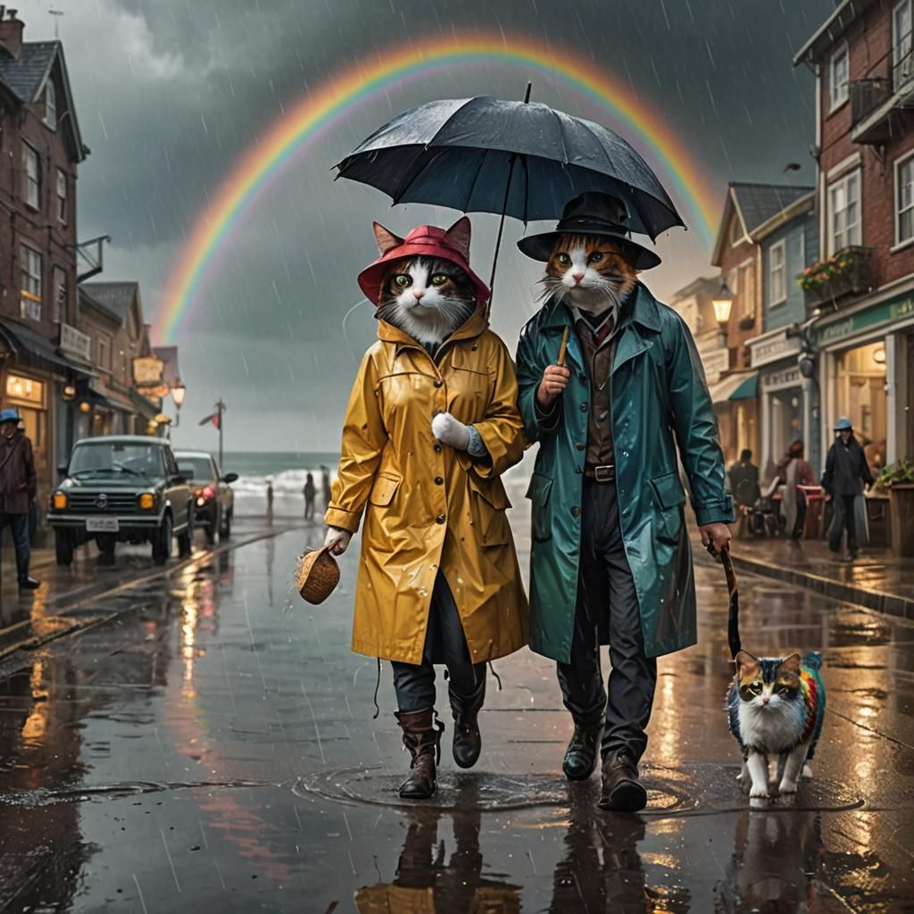 A couple strolling along the seaside in the rain. They wear fanch ...