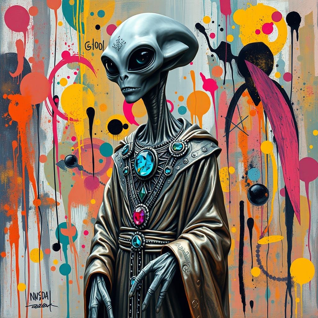 Alien Graffiti - Ethereal Alien Figure in Neon Graffiti Sc...