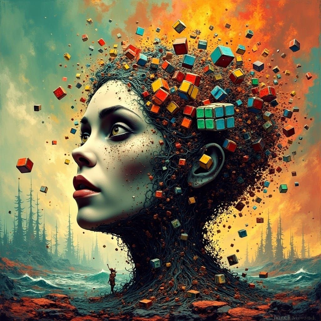 Rubik's Cube head. surrealism analogous colors Tim Burton Dan Mumford ...