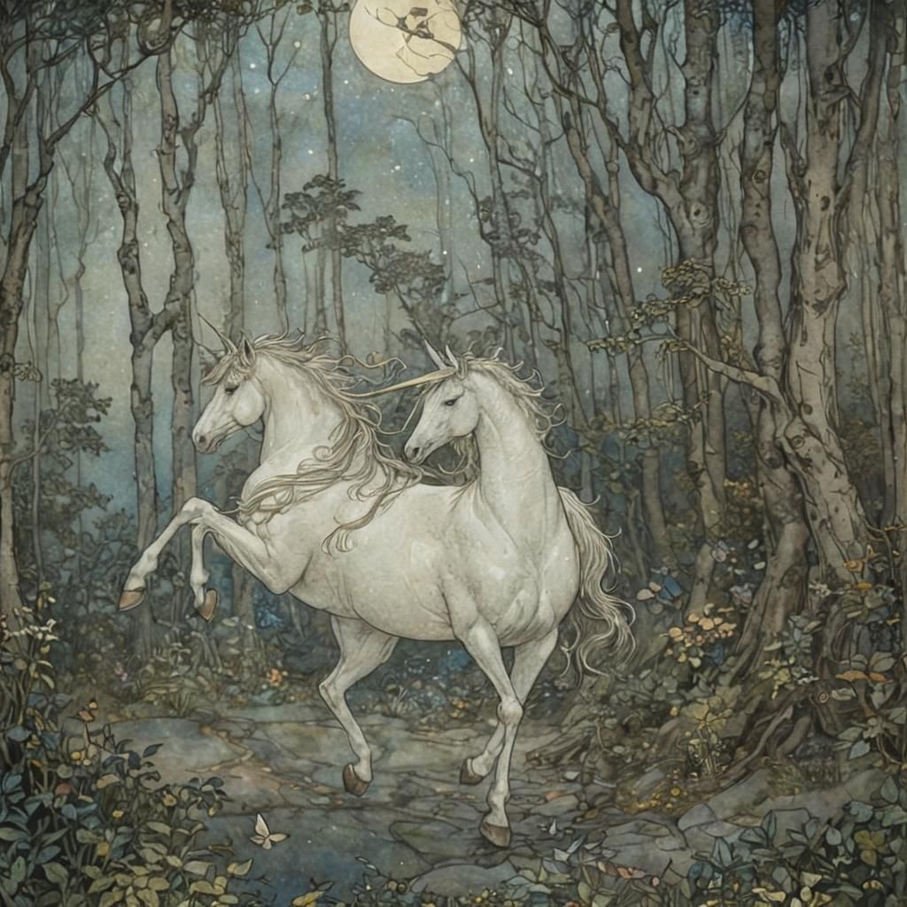Art by Arthur Rackham and John Bauer, majestic unicorn galloping ...