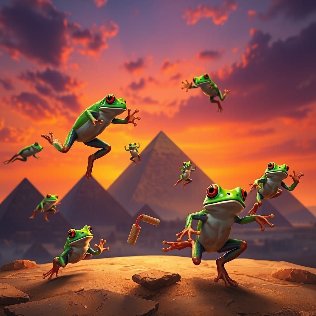 Frogs Dancing Around Giza Pyramids in Vibrant, Sty... - AI Art