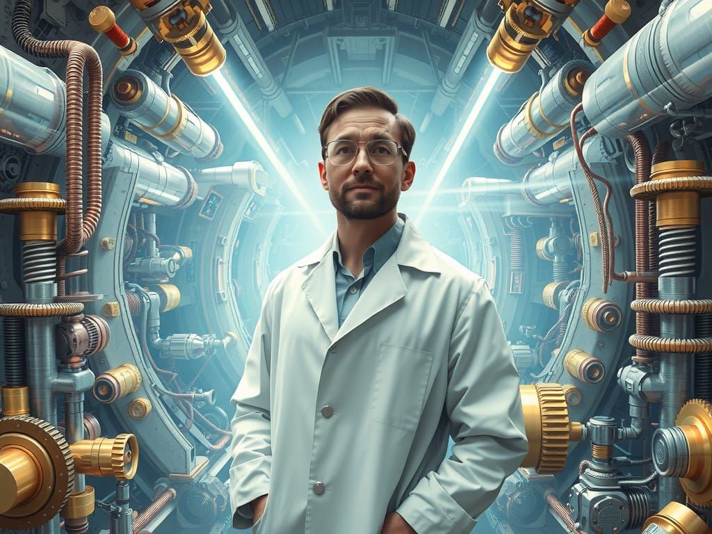 A industrious inventor surrounded by pistons, gears and Springs in ...