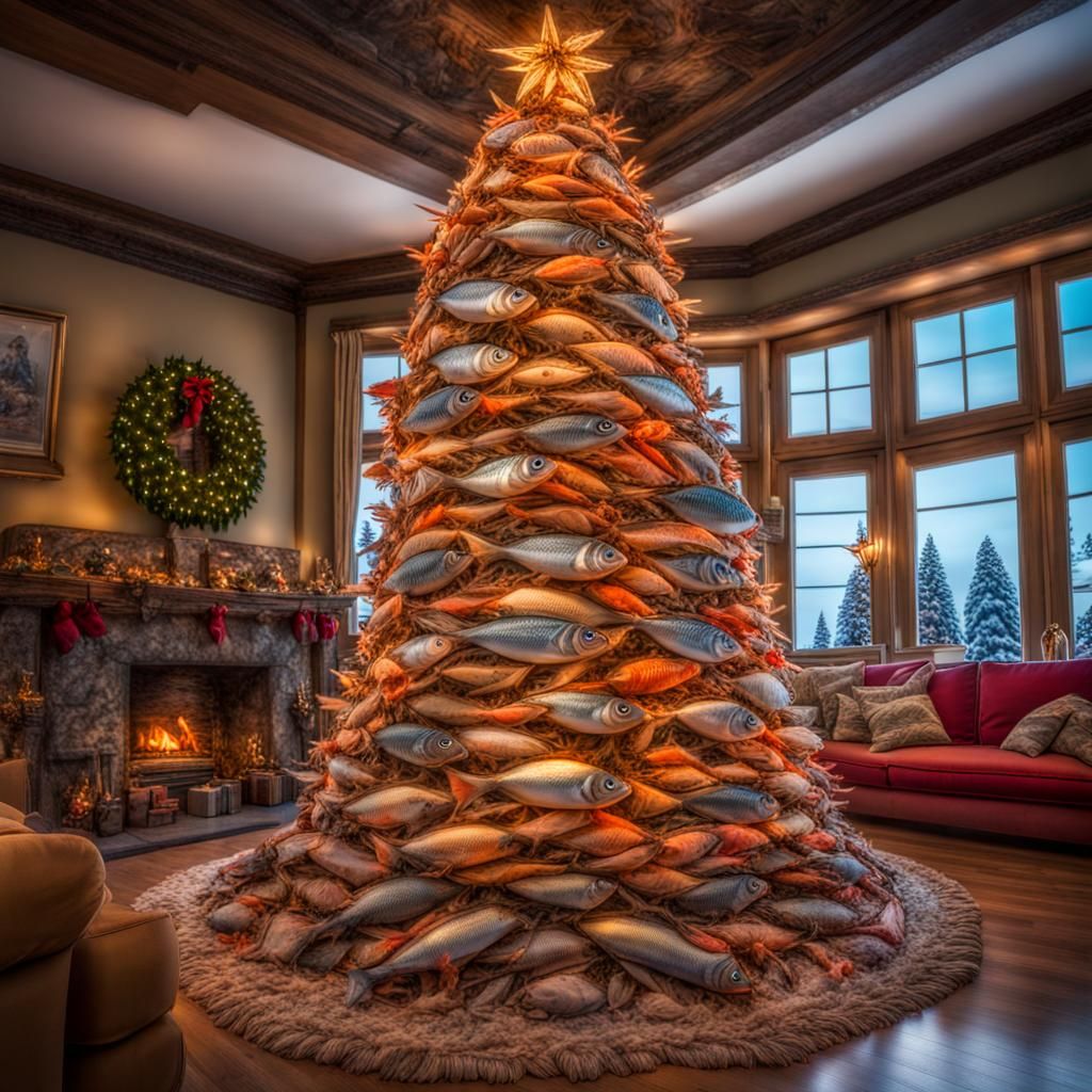 Christmas tree made of fish of various kinds, in a festive living room ...