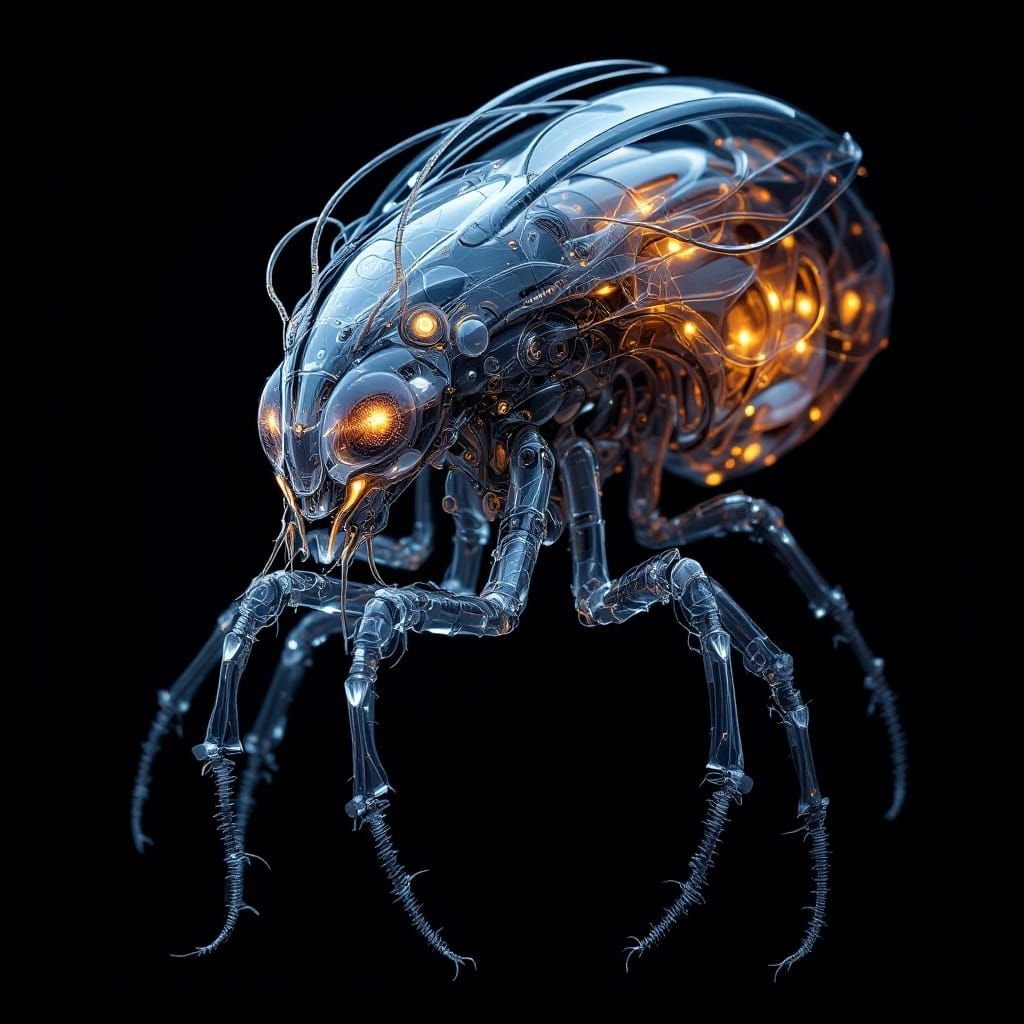 A sleek, translucent biomechanical insect creature with a mesmerizing ...