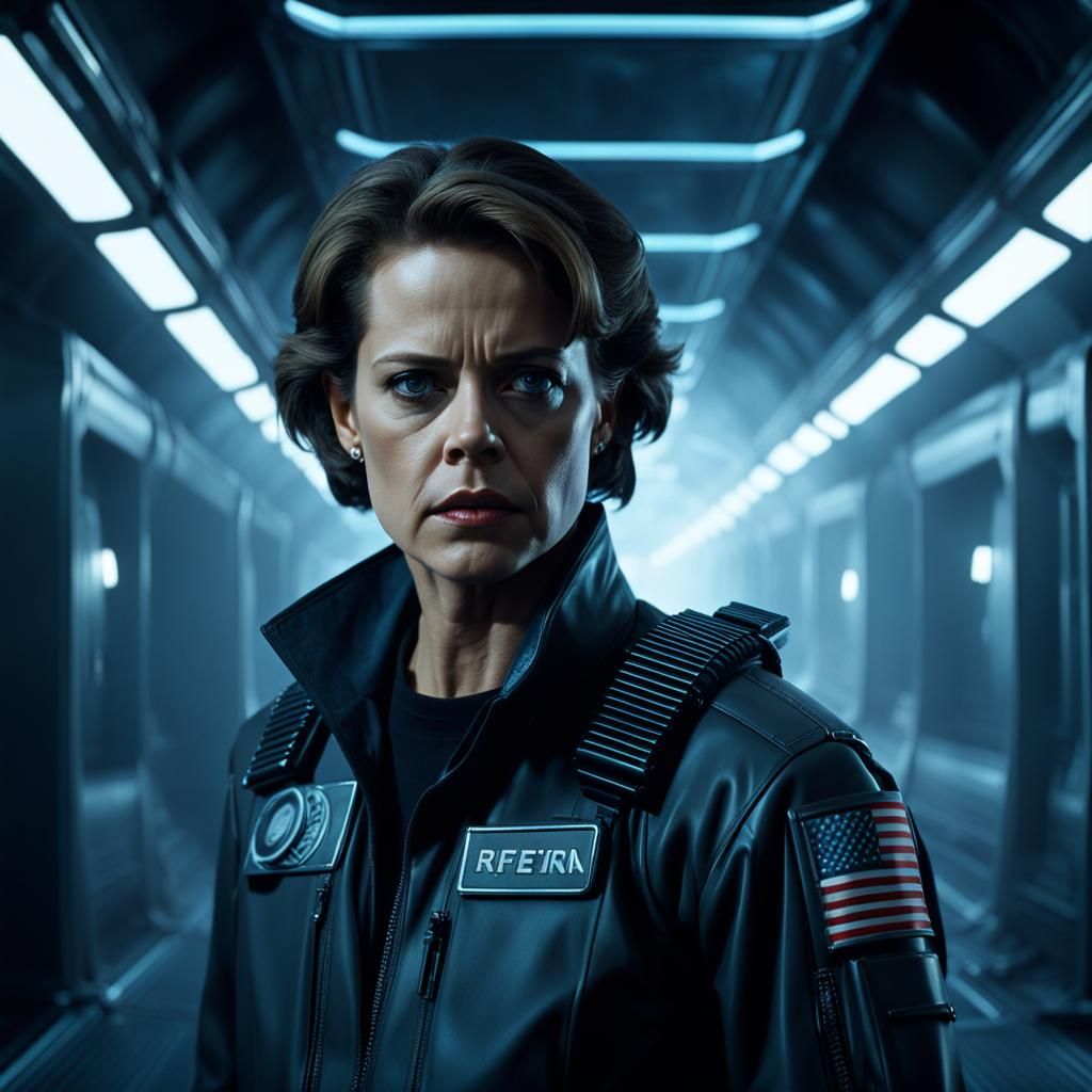 Ellen Ripley fearlessly glares at the camera. Set in a futuristic ...