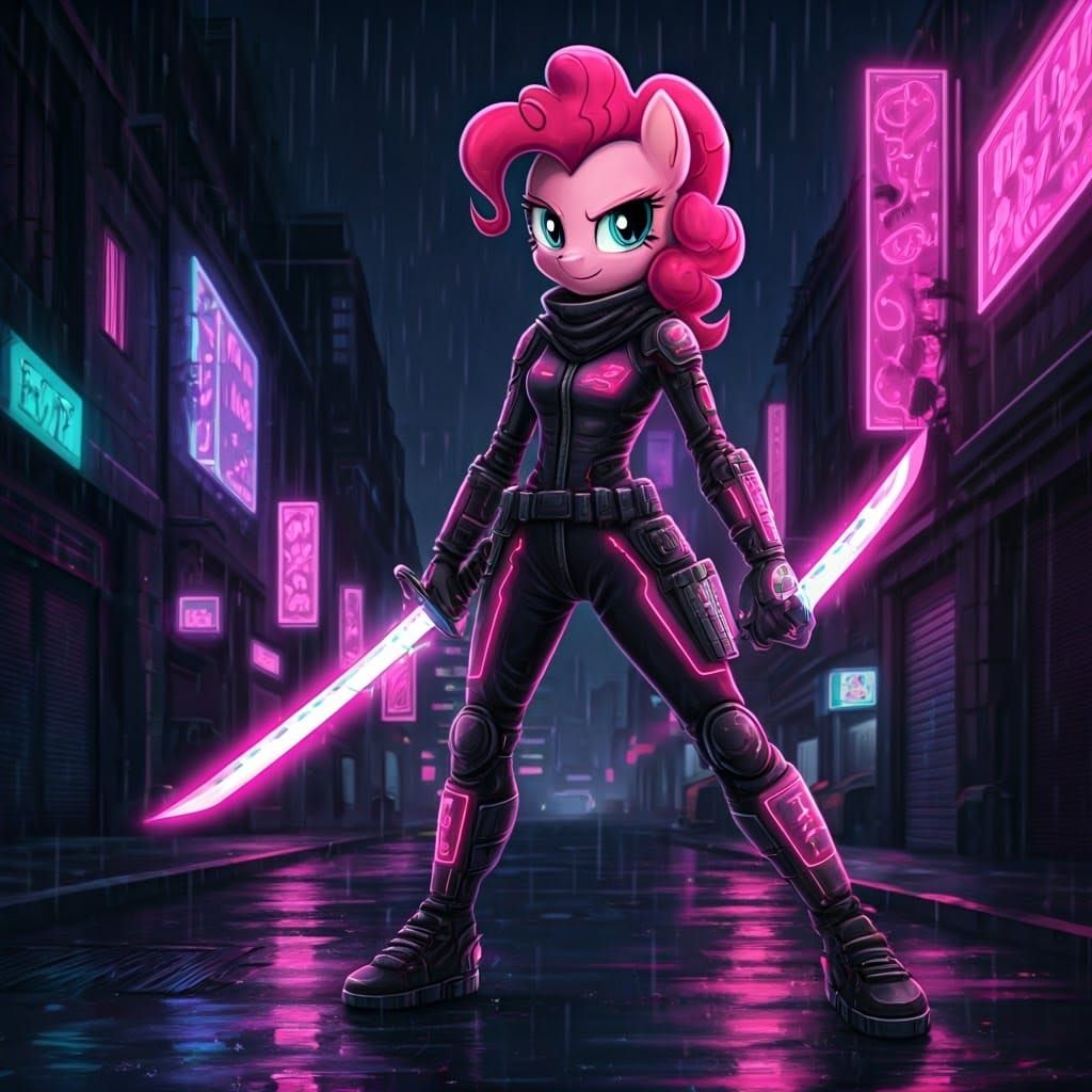 Cyberpunk Music Ninja Pinkie Pie in Neon City - AI Art