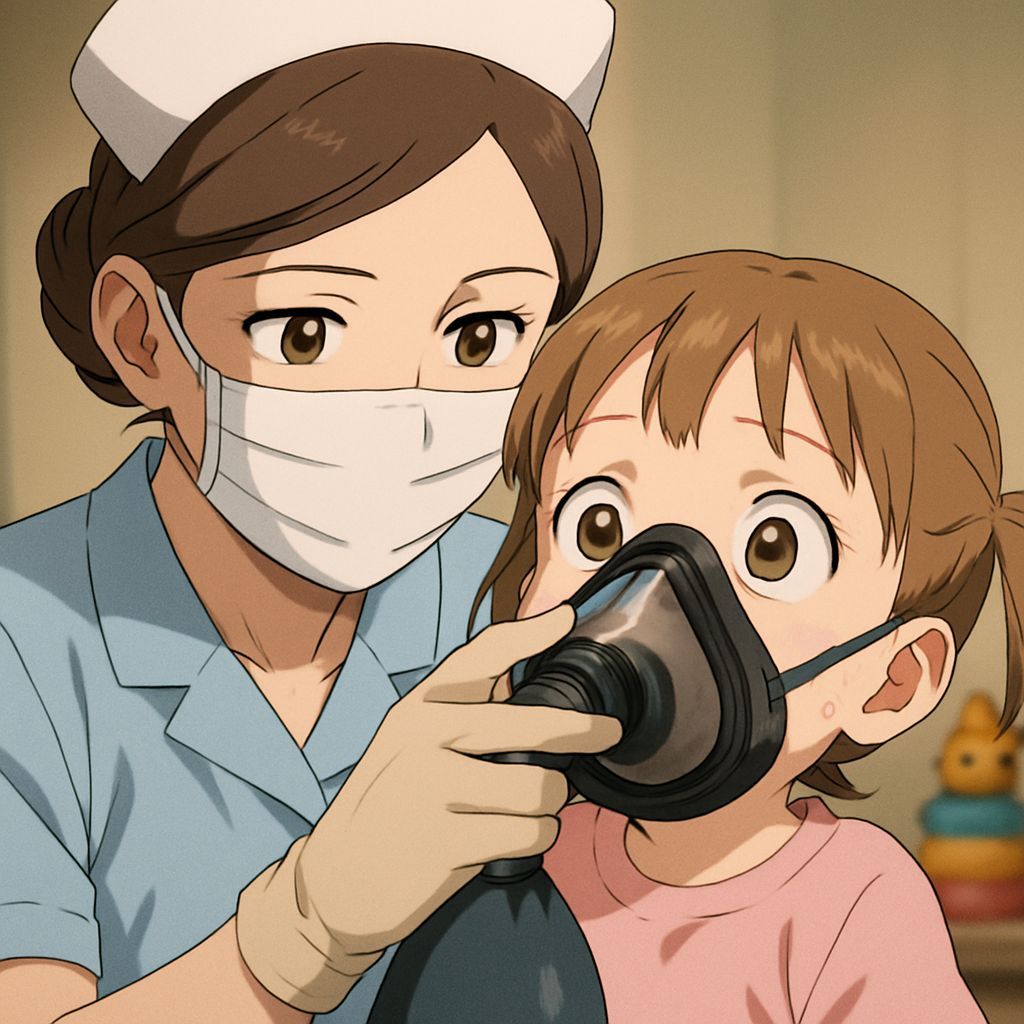 Anime-Style Nurse Anesthetizing Toddler with Mask - AI Art