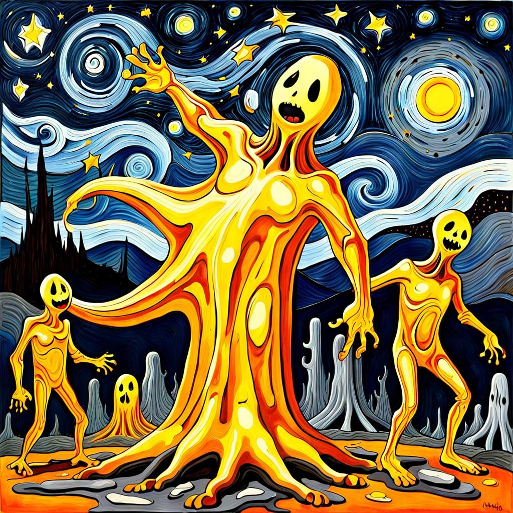 A starry nights made of molten iron, a masterpiece of modeling, magical ...