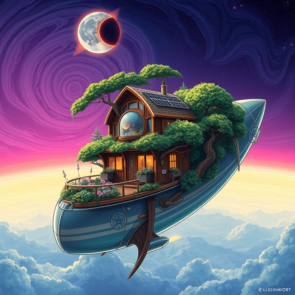 Solarpunk Space Odyssey with Glowing Treehouse and... - AI Art