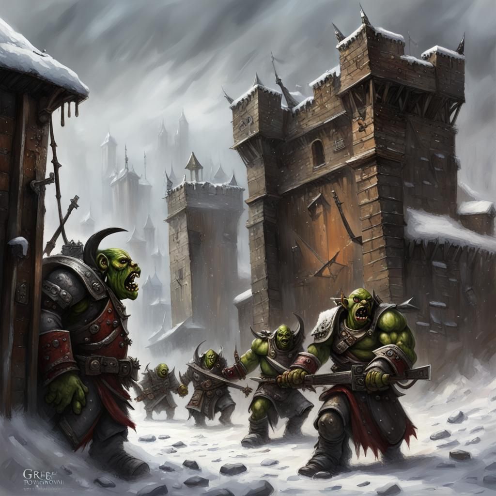 orks, goblins, giants, attacking human walled city, closed gates, siege ...