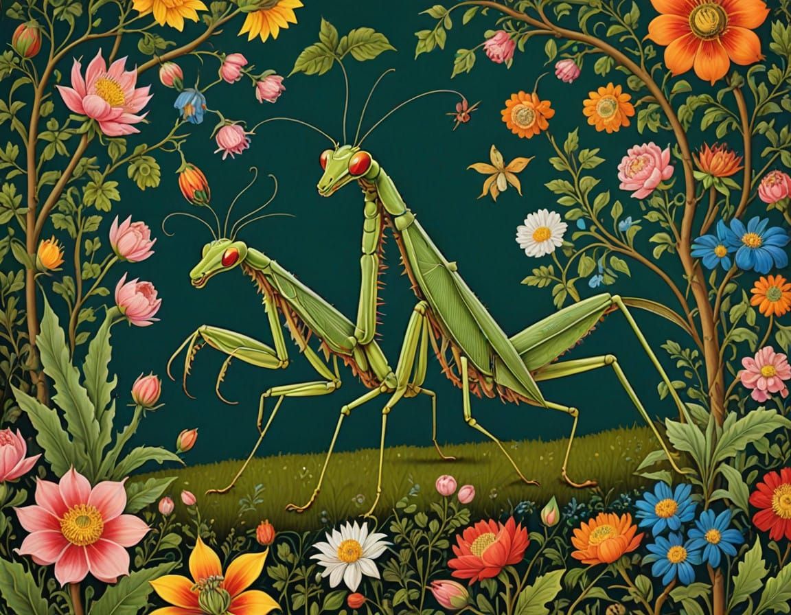 Praying mantises in the garden - Dreamlike Garden Scene with...