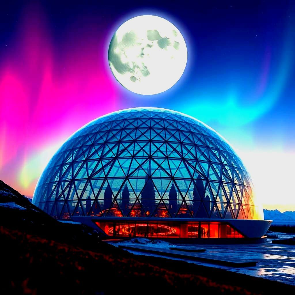 Surreal Glass Dome City at Sunset with Northern Li... - AI Art