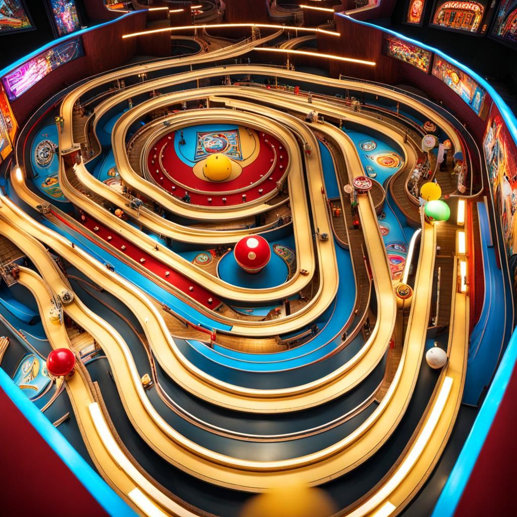 Pinball’s perspective, curving rail track maze, action speed photo ...