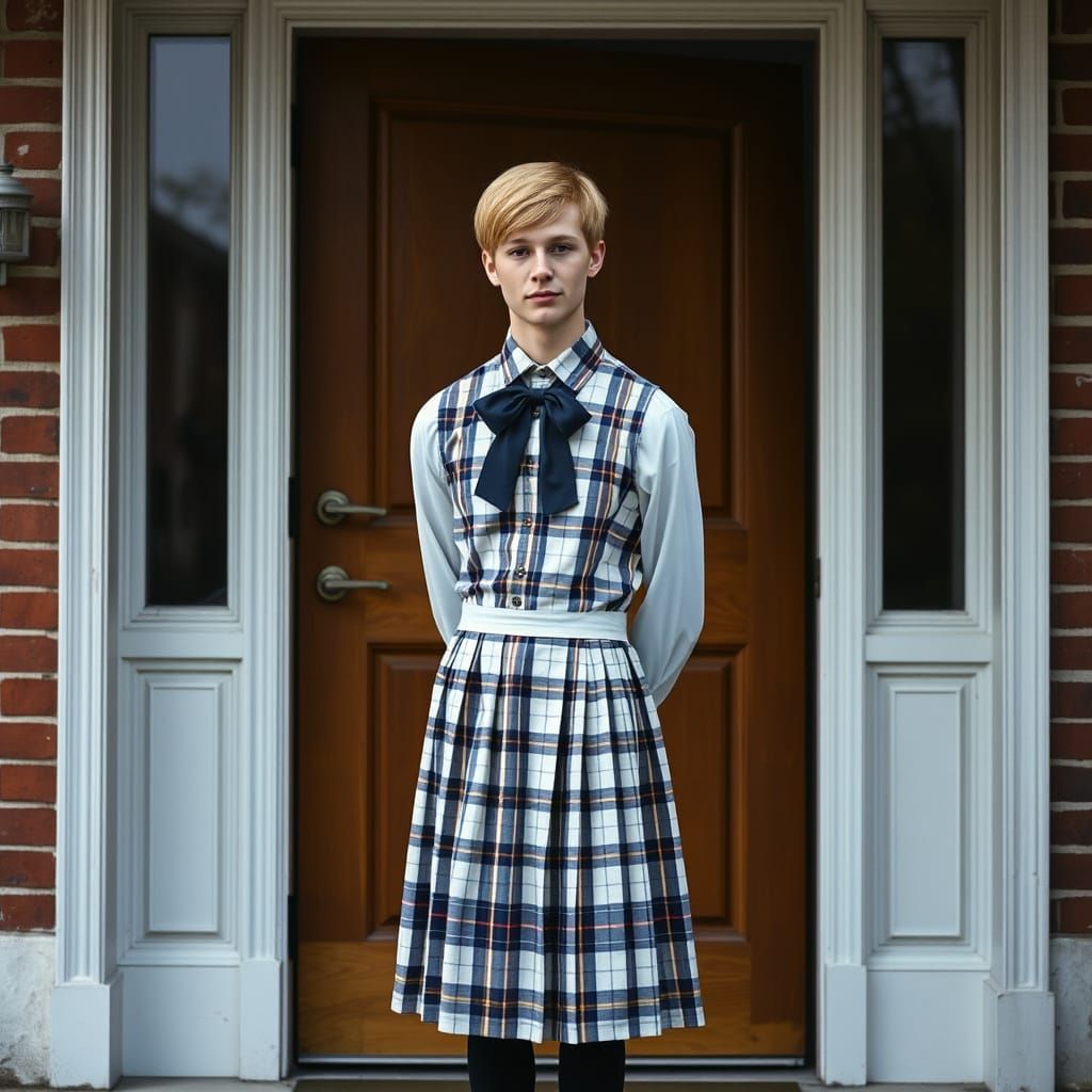 Ethan, wearing a Victorian-inspired school uniform,