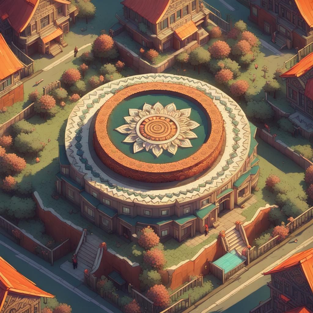 mandala-inspired building, dominant mandala patterns, isometric view ...