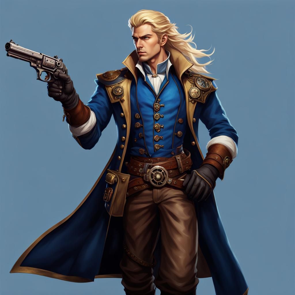 A dnd fantasy character, young, charming Male, long blonde hair. blue ...