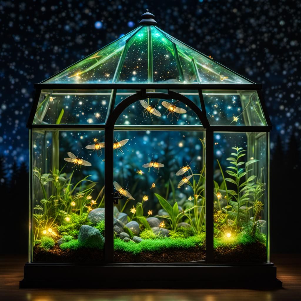 Photograph, fireflies terrarium, a large decorative rectangular peaked ...