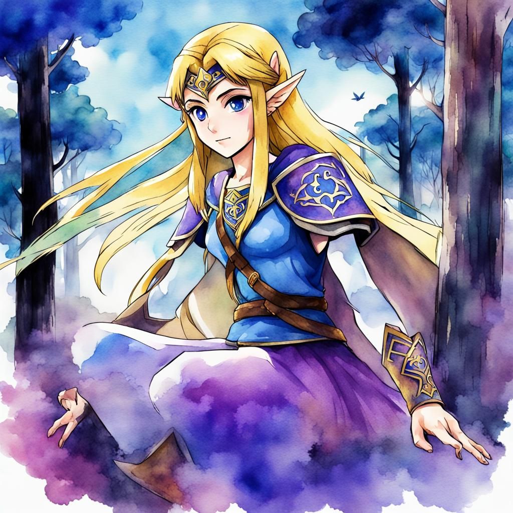 Princess Zelda in a forest with blue and purple clouds everywhere ...