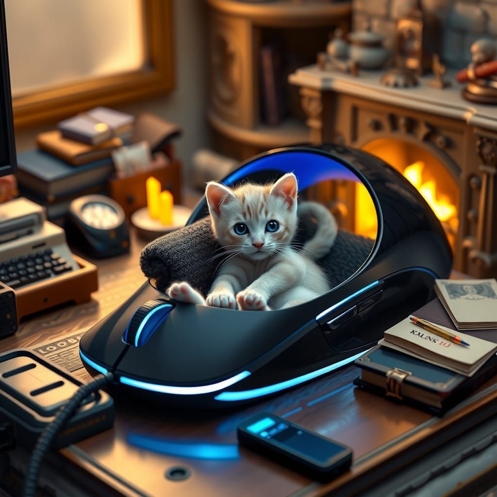 A shiny, black, modern computer mouse with pulsing blue LED accents and ...
