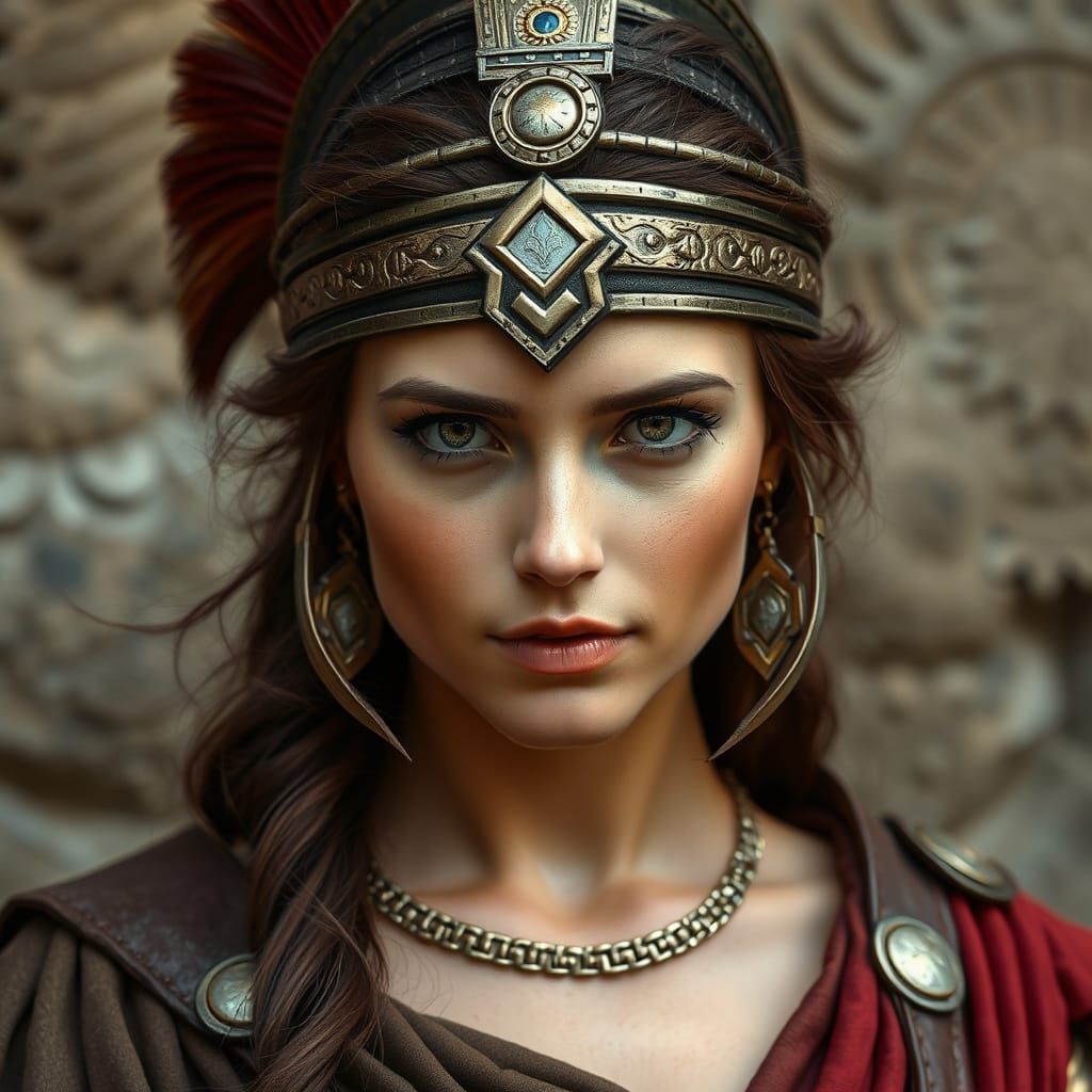 a Roman woman with brown hair and brown eyes dressed as a centurion