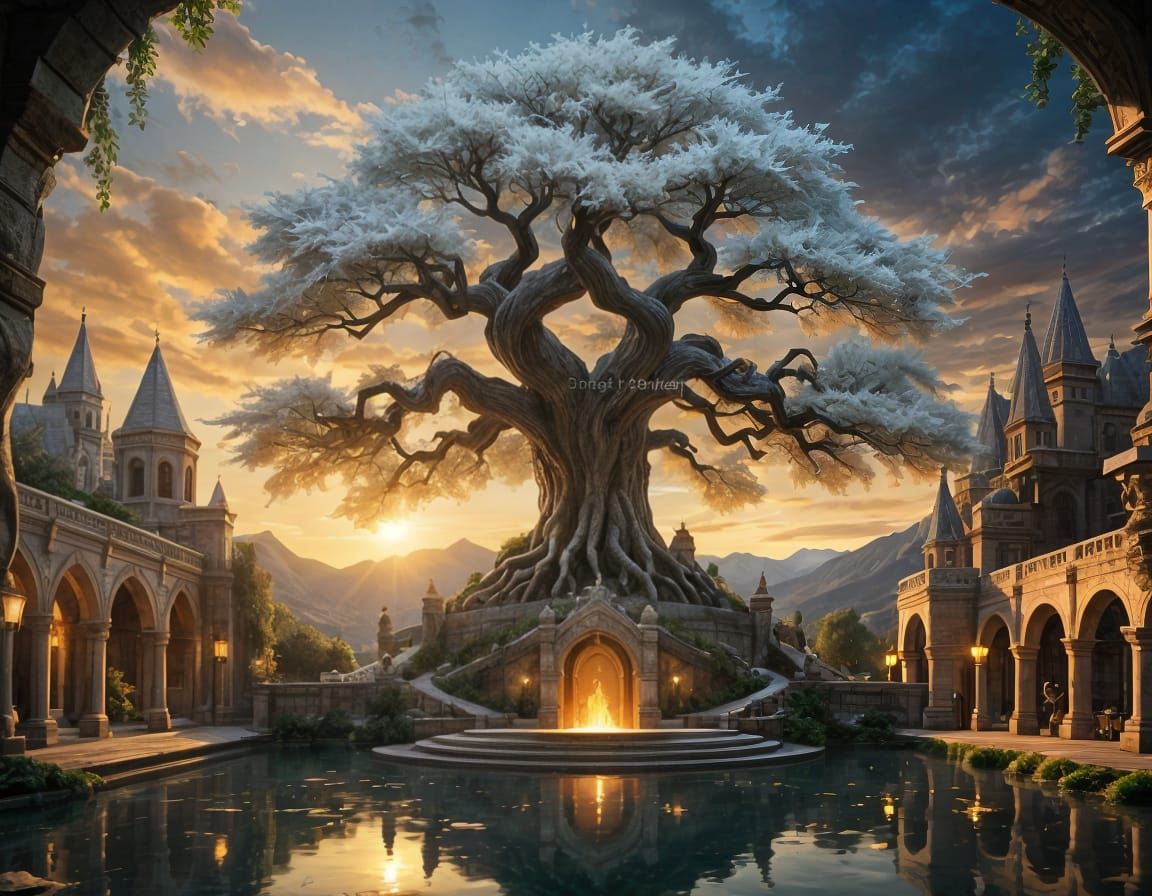 Sacred White Tree in Armenelos Royal Court, Illumi... - AI Art