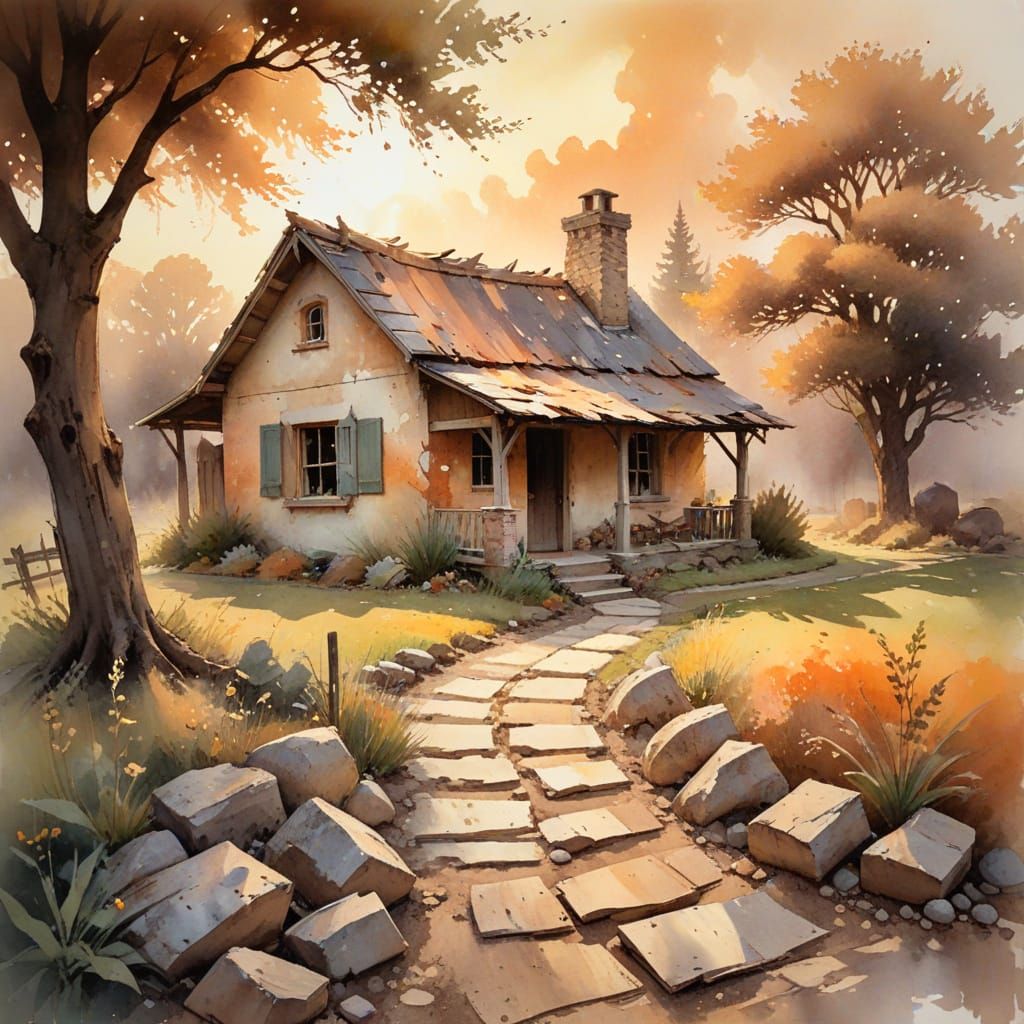 Rundown Cottage - Dreamy Watercolor Bungalow Scene with Soft...