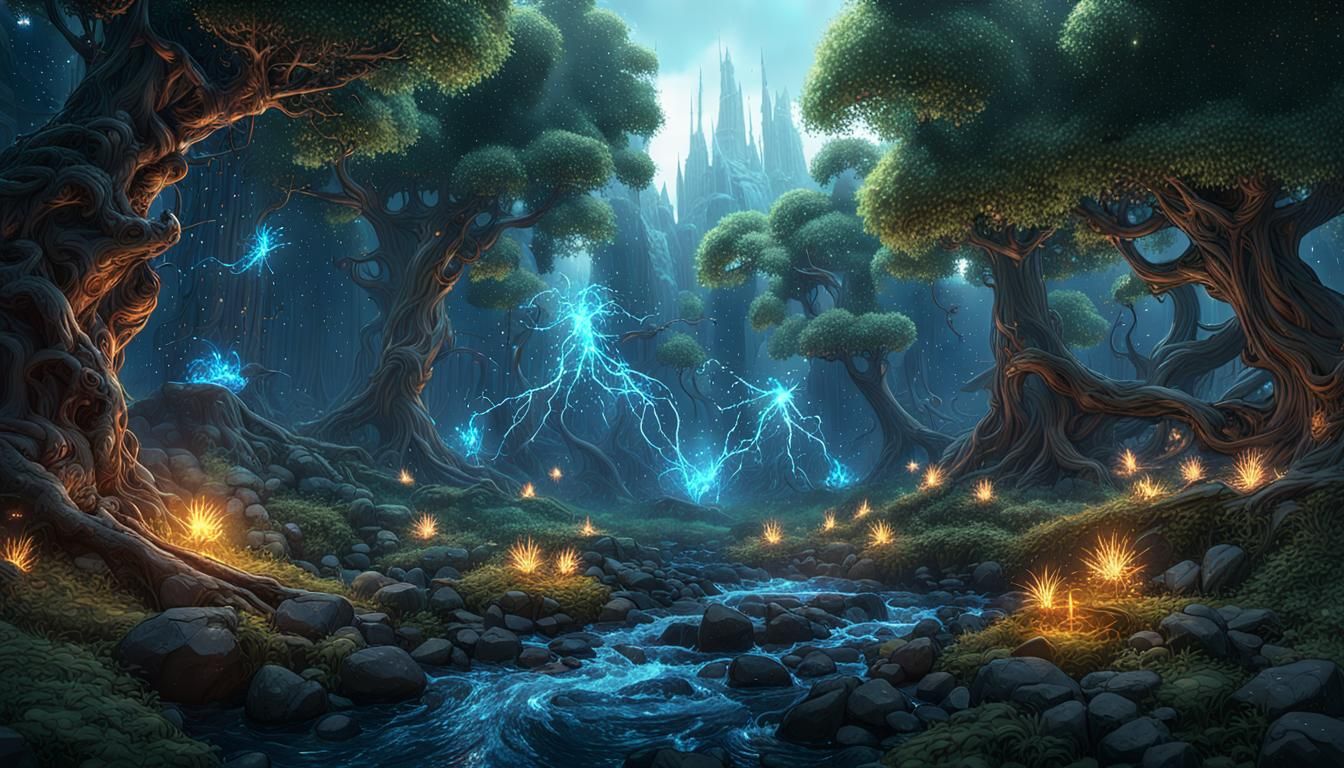 Fantastical, magical, enchanted forest of wonder. Sparks of magic fly ...