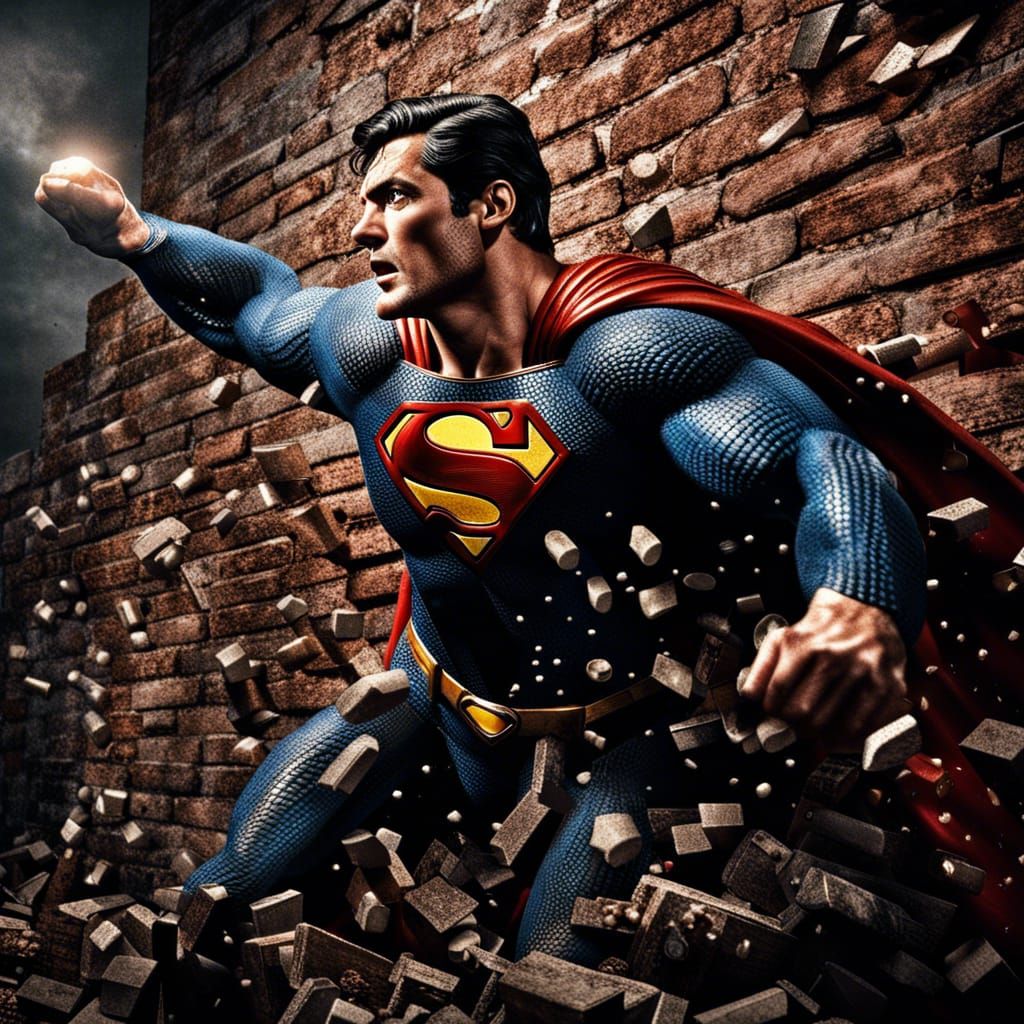 classic superman breaking through a brick wall with bullets bouncing ...