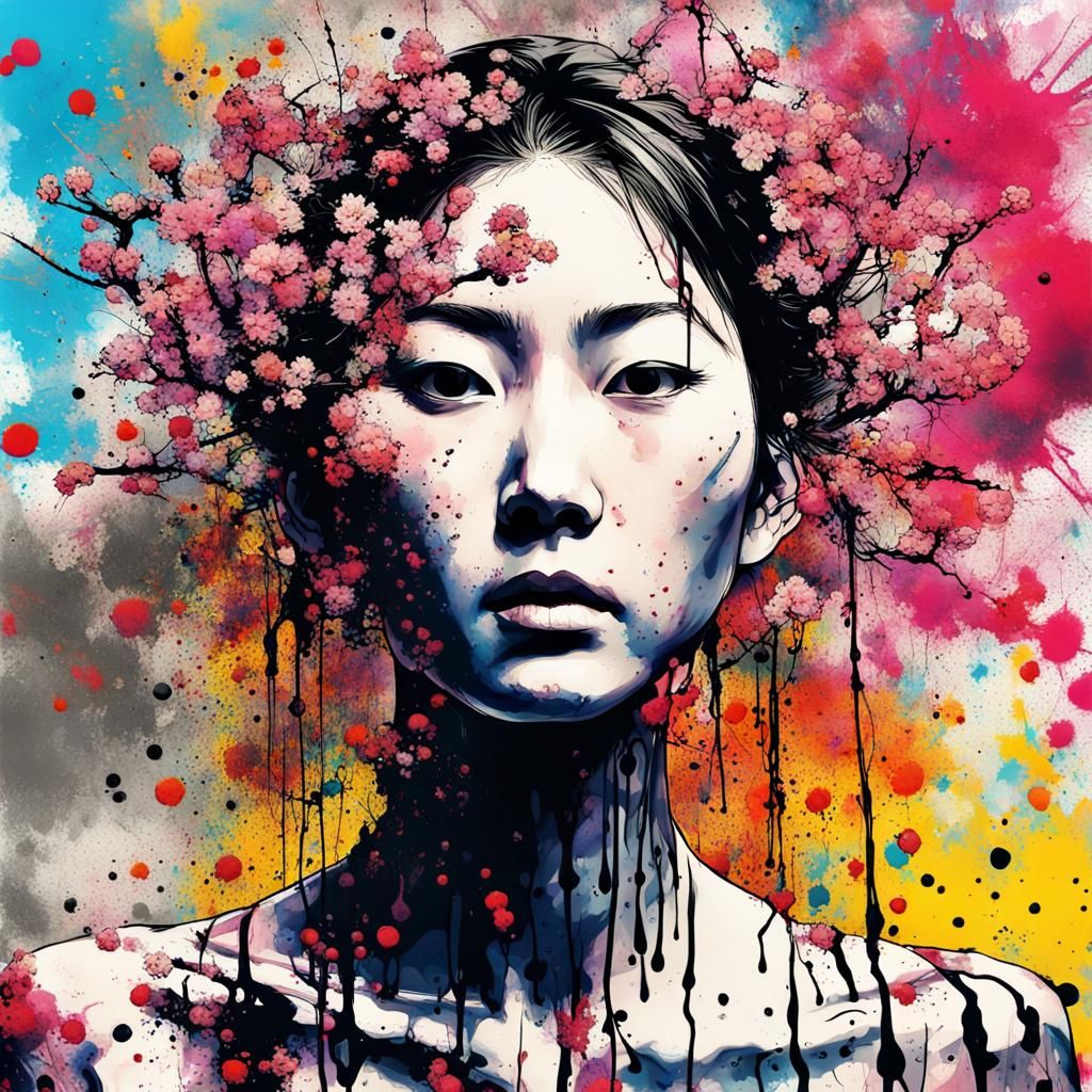 Japanese blossom Ink Splatter Digital ink drop splash fantasy portrait ...