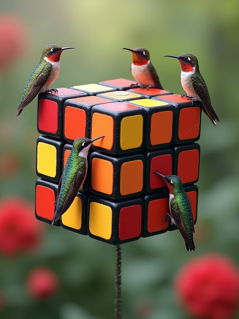 Vibrant Hummingbird Garden Cube in Photo-Realistic... - AI Art