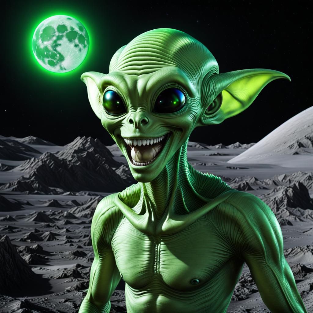 Photograph, Hyperrealistic, Macro, laughing neon green male Alien on ...