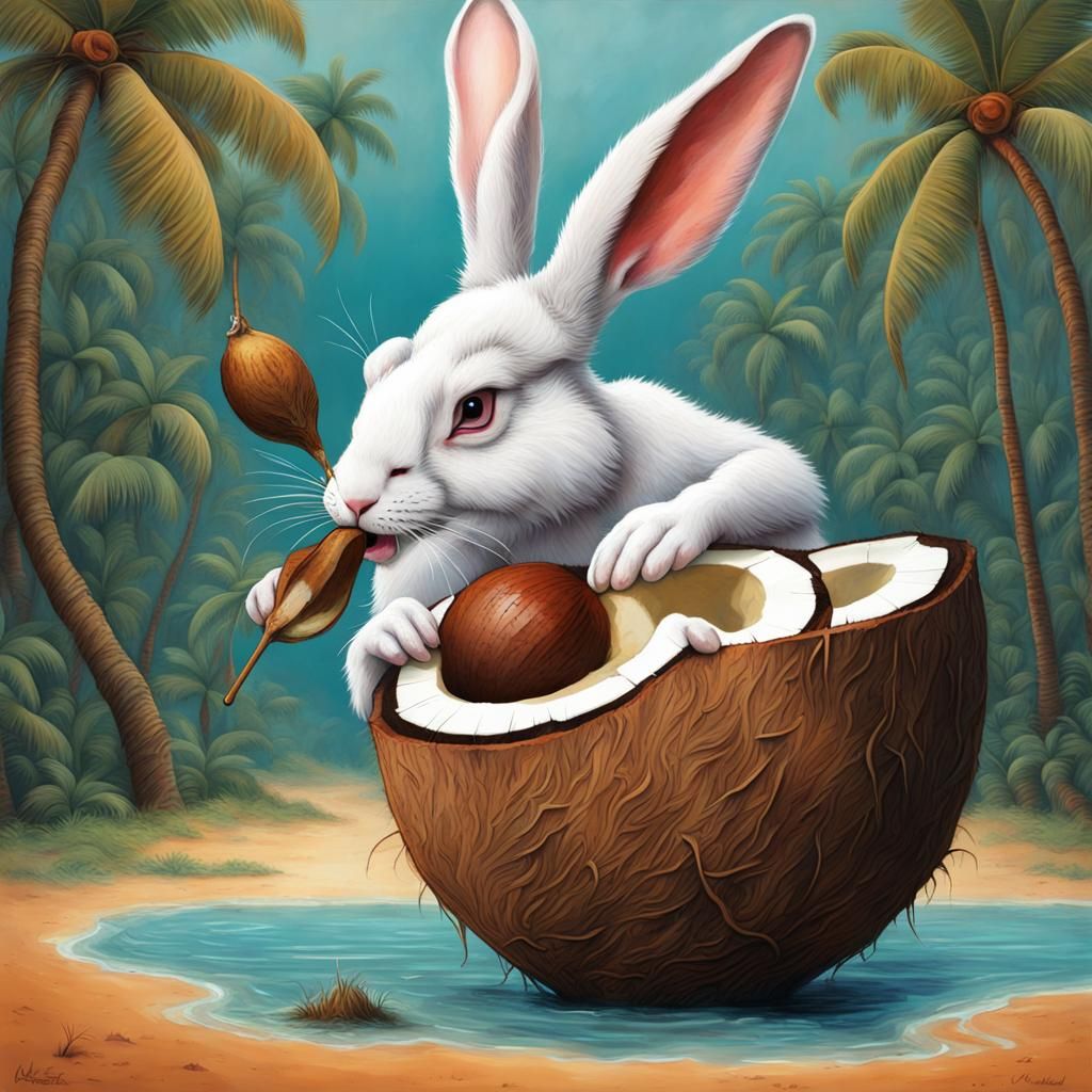 Rabbit devouring a coconut, perfectly rendered surrealism - AI ...
