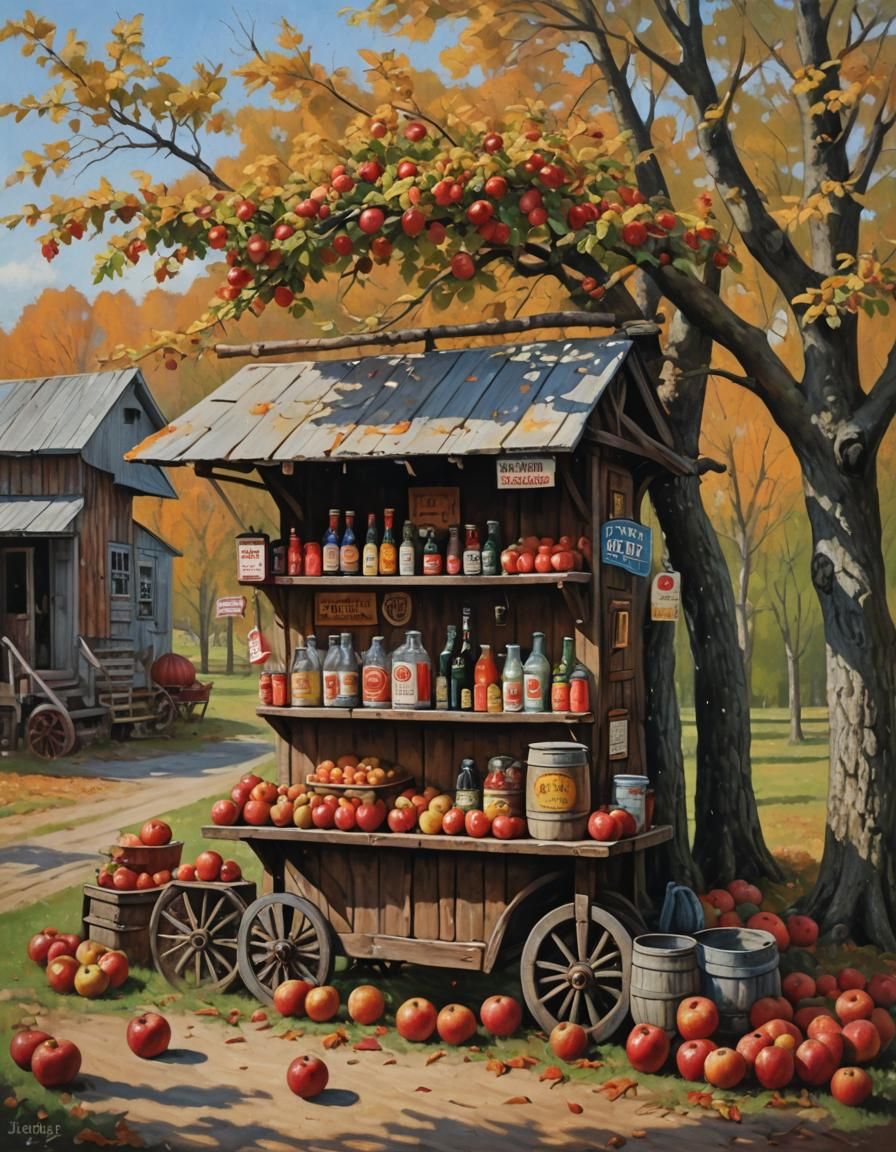 rustic autumn apple cider stand folk art - AI Generated Artwork ...